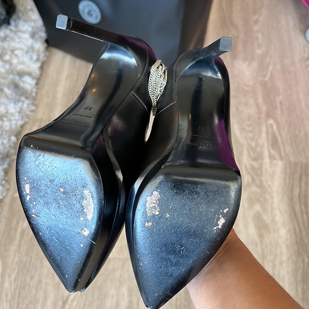 Ysl Black Leather Stacked Pumps With Silver Chains - Gem